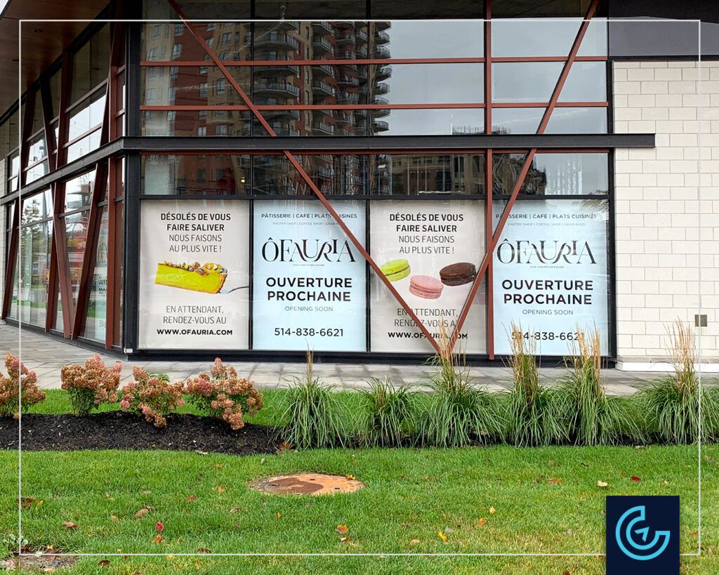 "Opening soon" window graphics : Pastry shop ÔFauria - Click Affiche Inc.