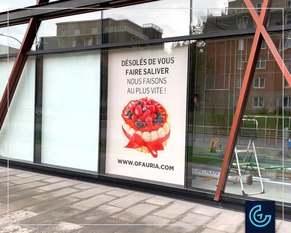 "Opening soon" window graphics : Pastry shop ÔFauria - Click Affiche Inc.