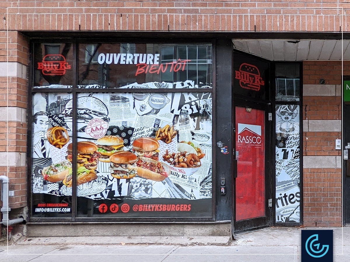 "Opening soon" construction window graphics: Billy K's - Click Affiche Inc.