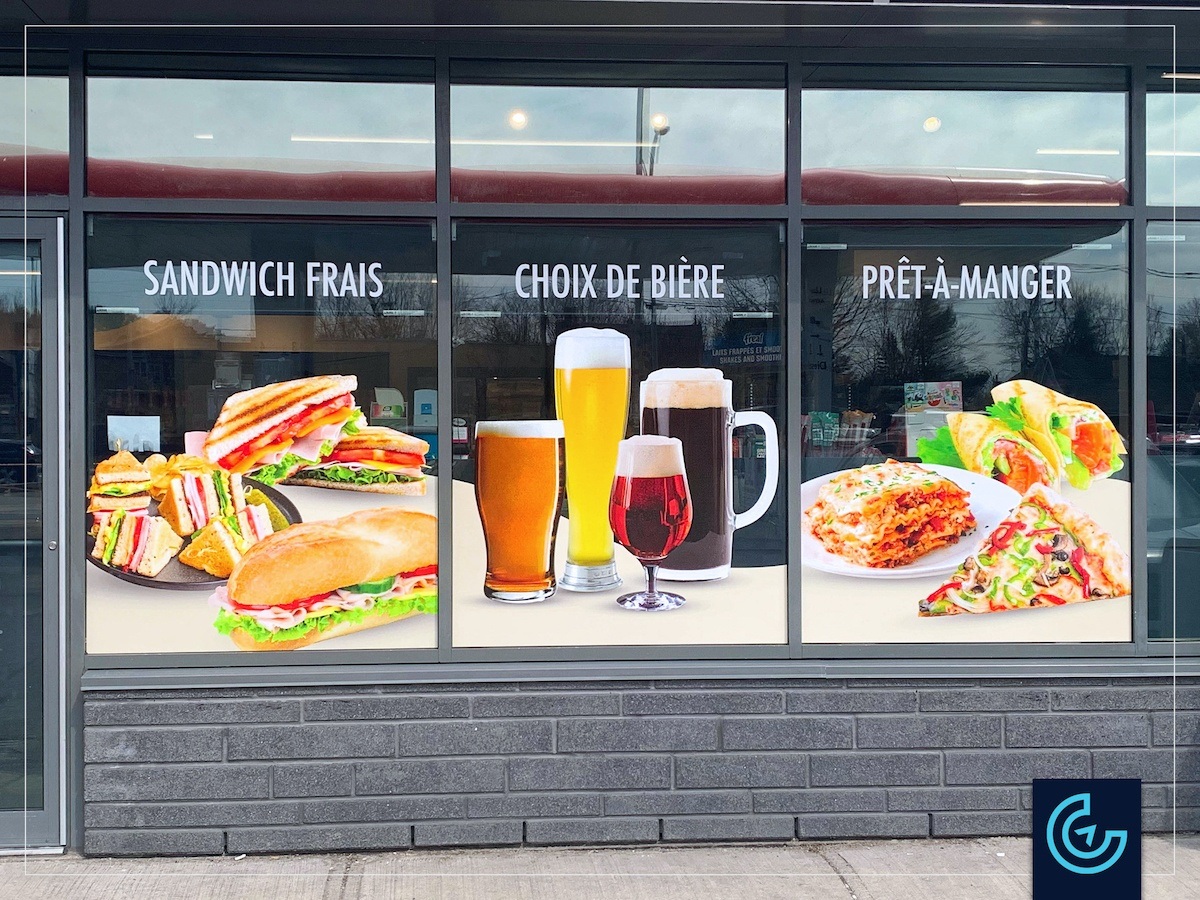 Storefront publicity window graphics for a convenience store: Bonisoir ...